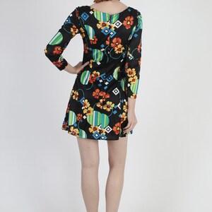70s Neon Print Micro Mini Dress, Geometric Short Black Frock, Vintage ...