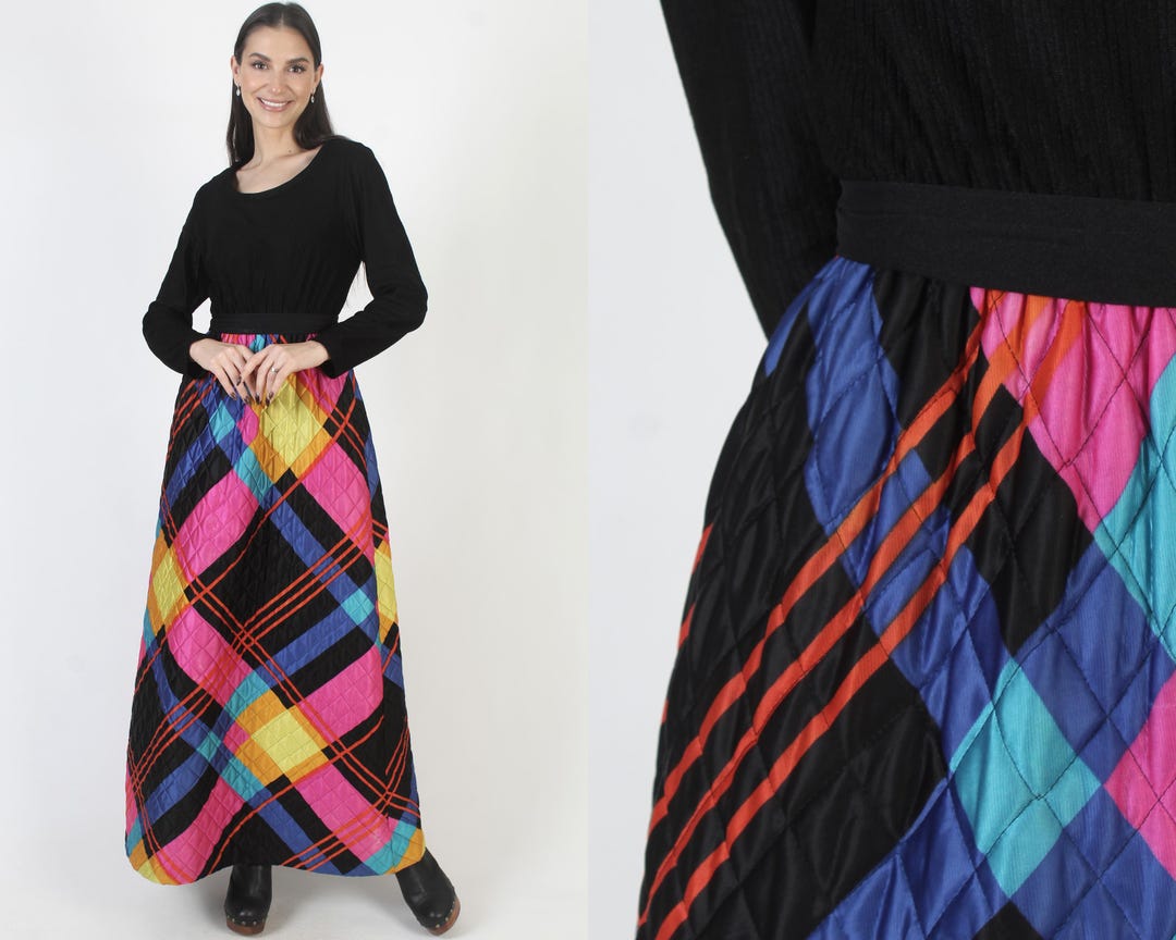 Quilted Psychedelic Lounge Dress, Rainbow Print Skirt, Vintage Cocktail ...