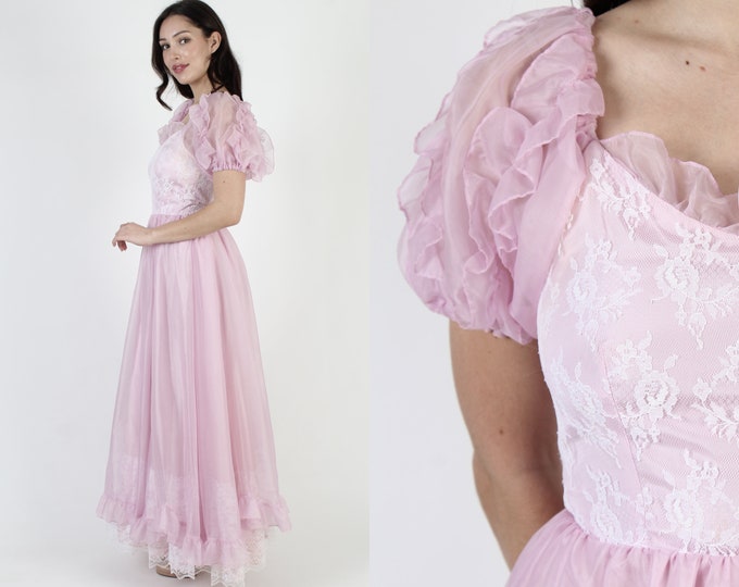 Country Saloon Violet Maxi Dress, 80s Plain Floral Lace Romantic ...