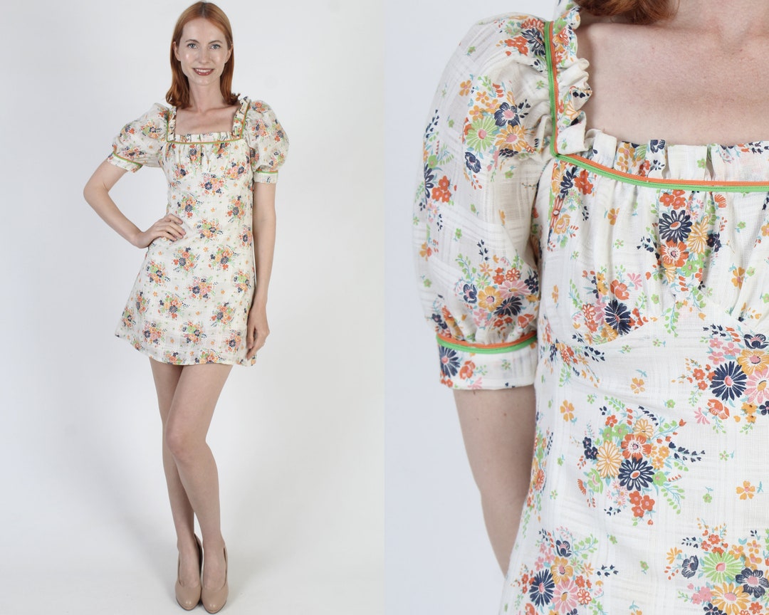 Bright Floral Print Micro Mini Dress / Vintage 70s Puff Sleeve Boho ...