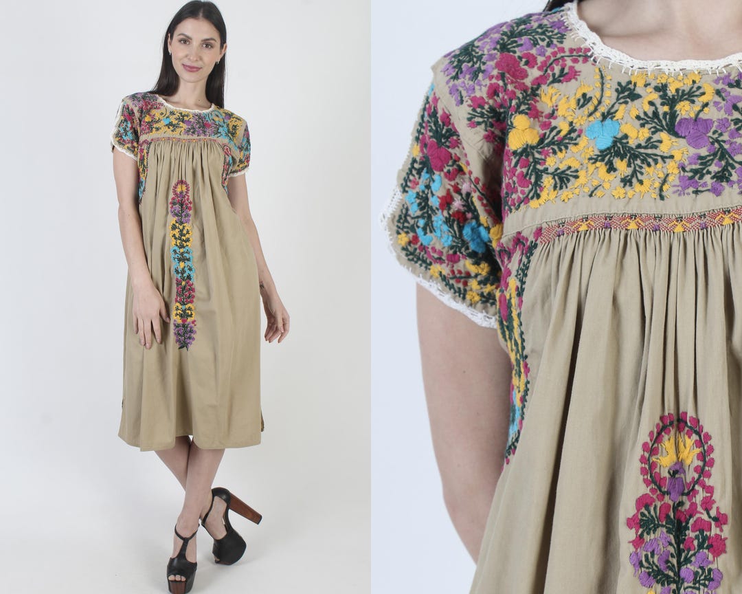 Traditional Tan Oaxacan Dress, Floral Hand Embroidery, San Antonio ...