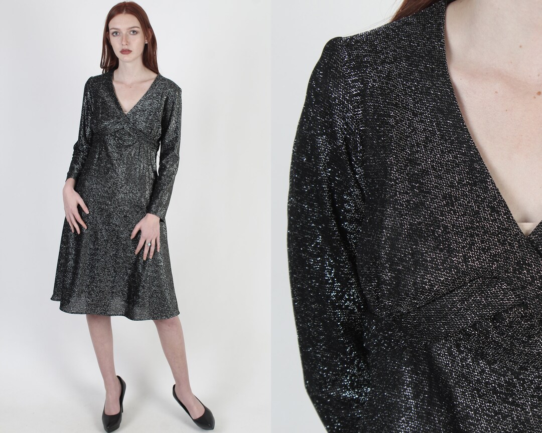 Silver Party Dress / 70s Metallic Disco / Plain Black Fabric, Womens ...