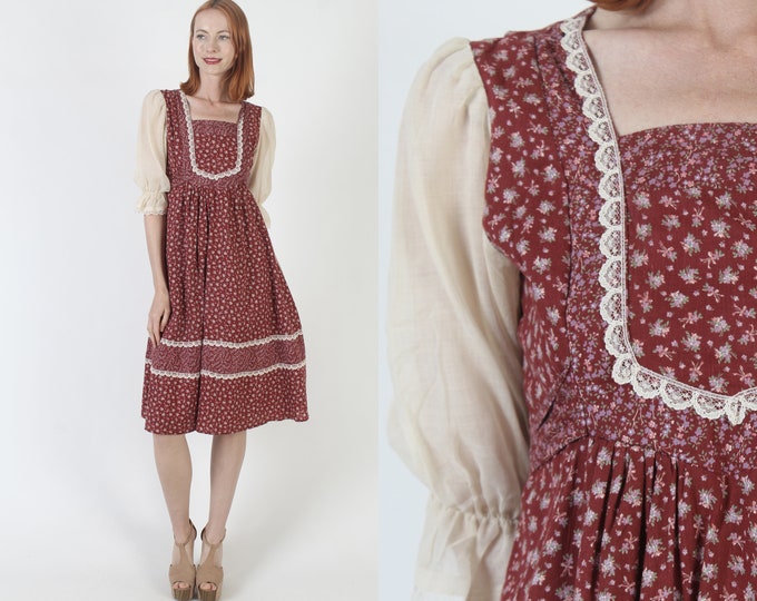 Cottagecore Calico Floral Dress 70s Burgundy Sundress Floral Print ...