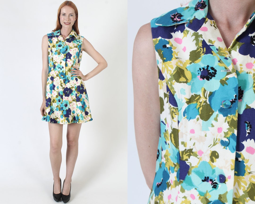 60s Cotton Floral Micro Mini Dress, Flower Bouquet Print Romantic Frock ...