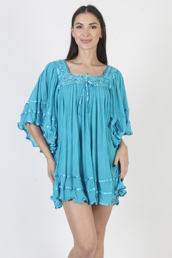 Turquoise Cotton Gauze Micro Mini Dress, Teal Mexican… - Gem