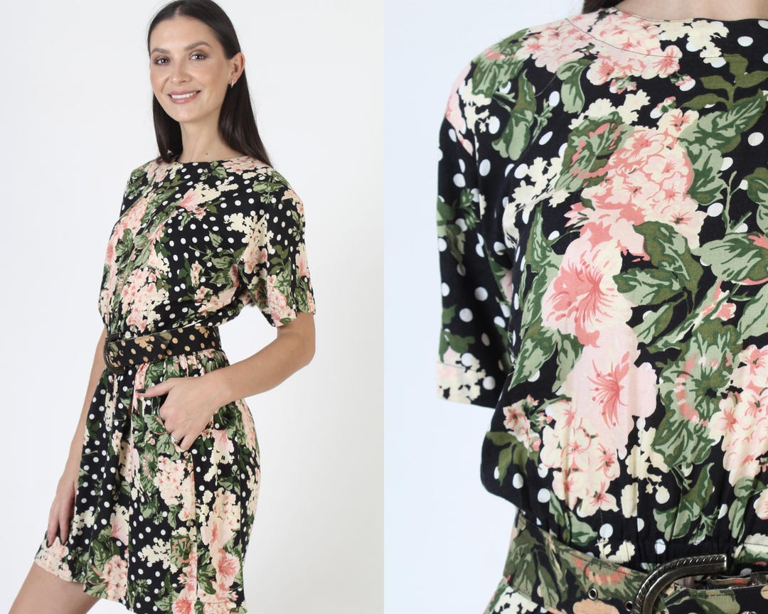 Black Floral 80s Romper With Matching Belt, Vintage Polka Dot Grunge ...