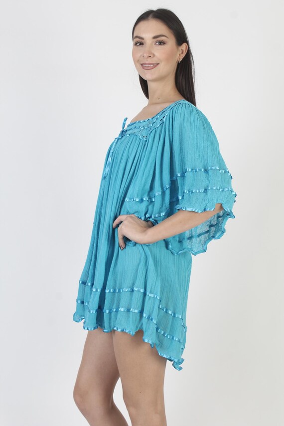 Turquoise Cotton Gauze Micro Mini Dress, Teal Mexican… - Gem