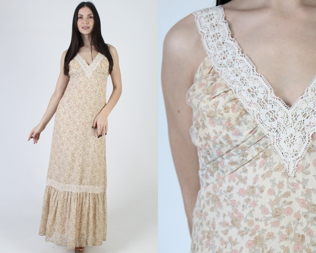 Romantic Renaissance Calico Floral Maxi Dress, Vintage 70s Tiny Flower ...