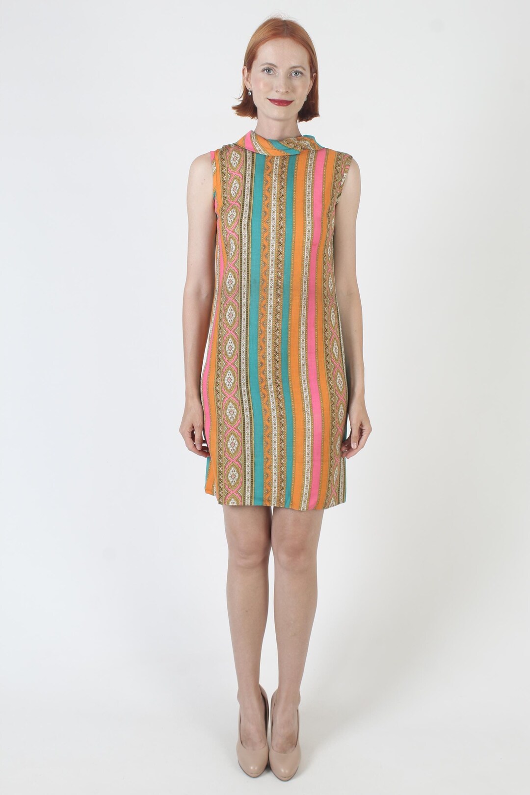 60s Neon Psychedelic Print Dress / Mod Striped Party Sundress / Trippy ...