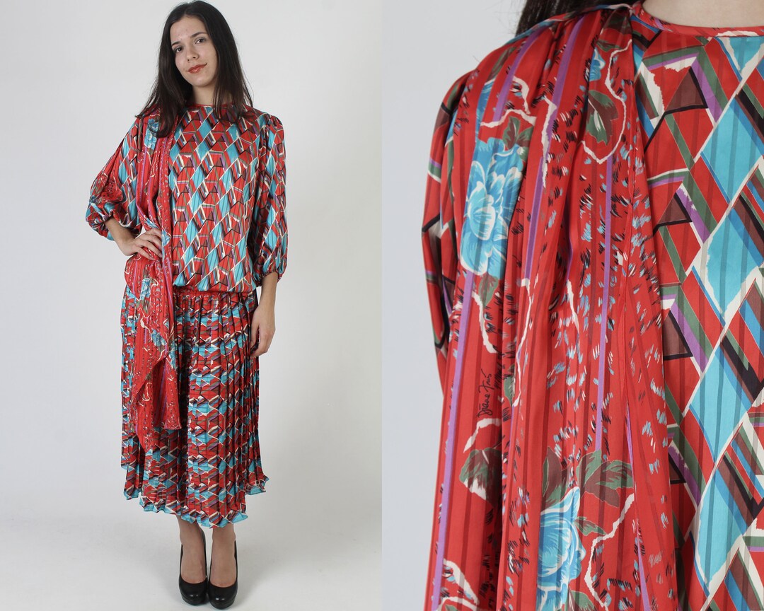 Diane Freis Signature Dress / Red Geometric Fres / Vintage Designer ...