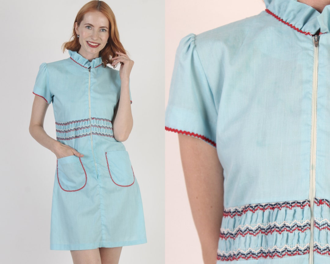60s Zip Front Scooter Mini Dress Simple Smocked Shift Frock Vintage Patch Pocket Ric Rac Trim - Etsy