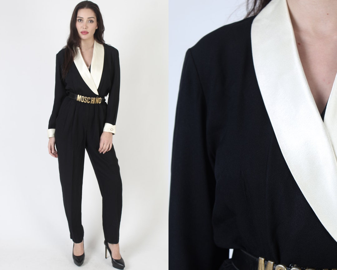 Vintage 80s Tuxedo Jumpsuit / Black off White Menswear Pants Suit ...
