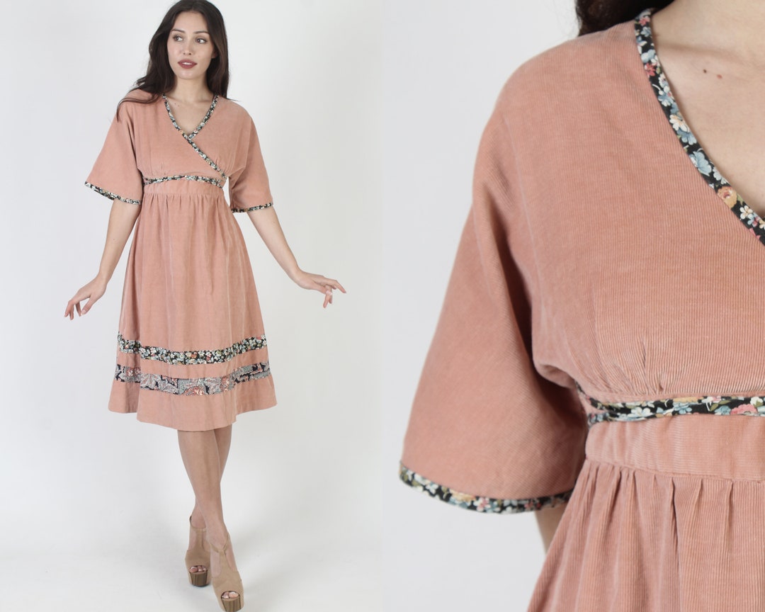 Bohemian Corduroy Calico Floral Wrap Dress, Flower Trim Prairie Frock ...