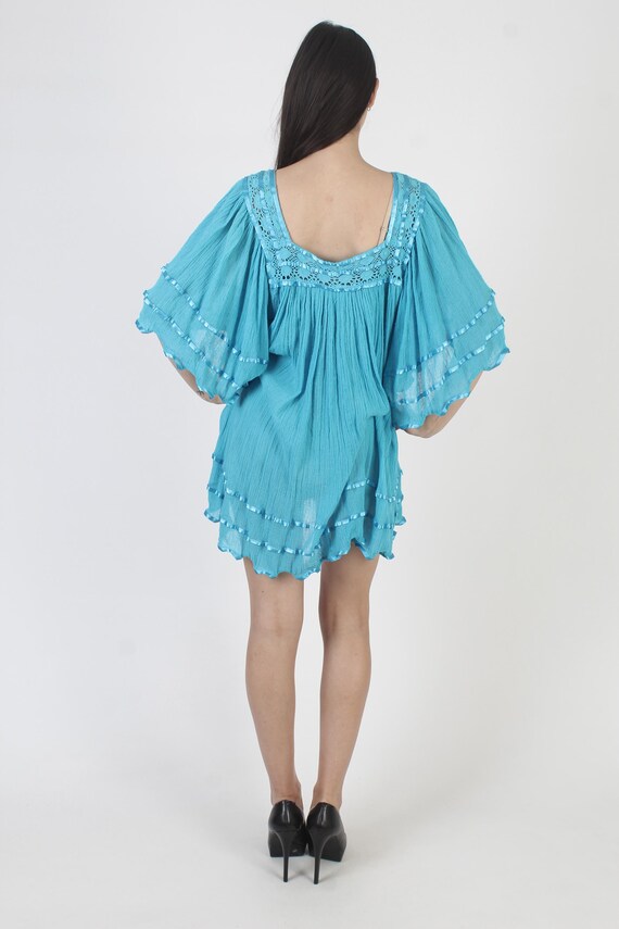 Turquoise Cotton Gauze Micro Mini Dress, Teal Mexican… - Gem