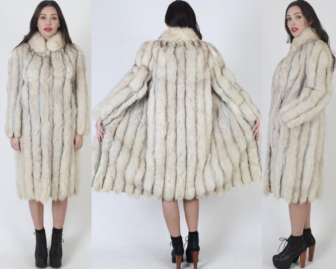 Mid Length Ivory Fox Coat / Long Striped Real Fur Overcoat / Leather ...