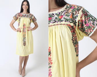 70s Vintage Oaxacan Long Sleeves Maxi Dress, Mexican Dress With Floral Embroidery, Mexican Green ...