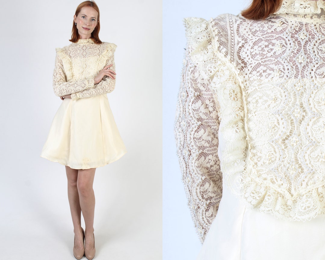 Classic Cream Sheer Lace Sleeve Micro Mini Dress Vintage 60s Bridal ...