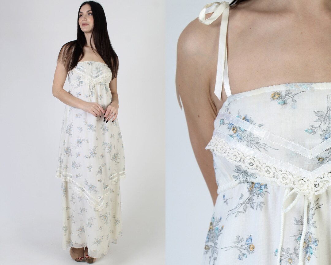 70s White Floral Summer Dress / off the Shoulder Tie Straps / Floor ...