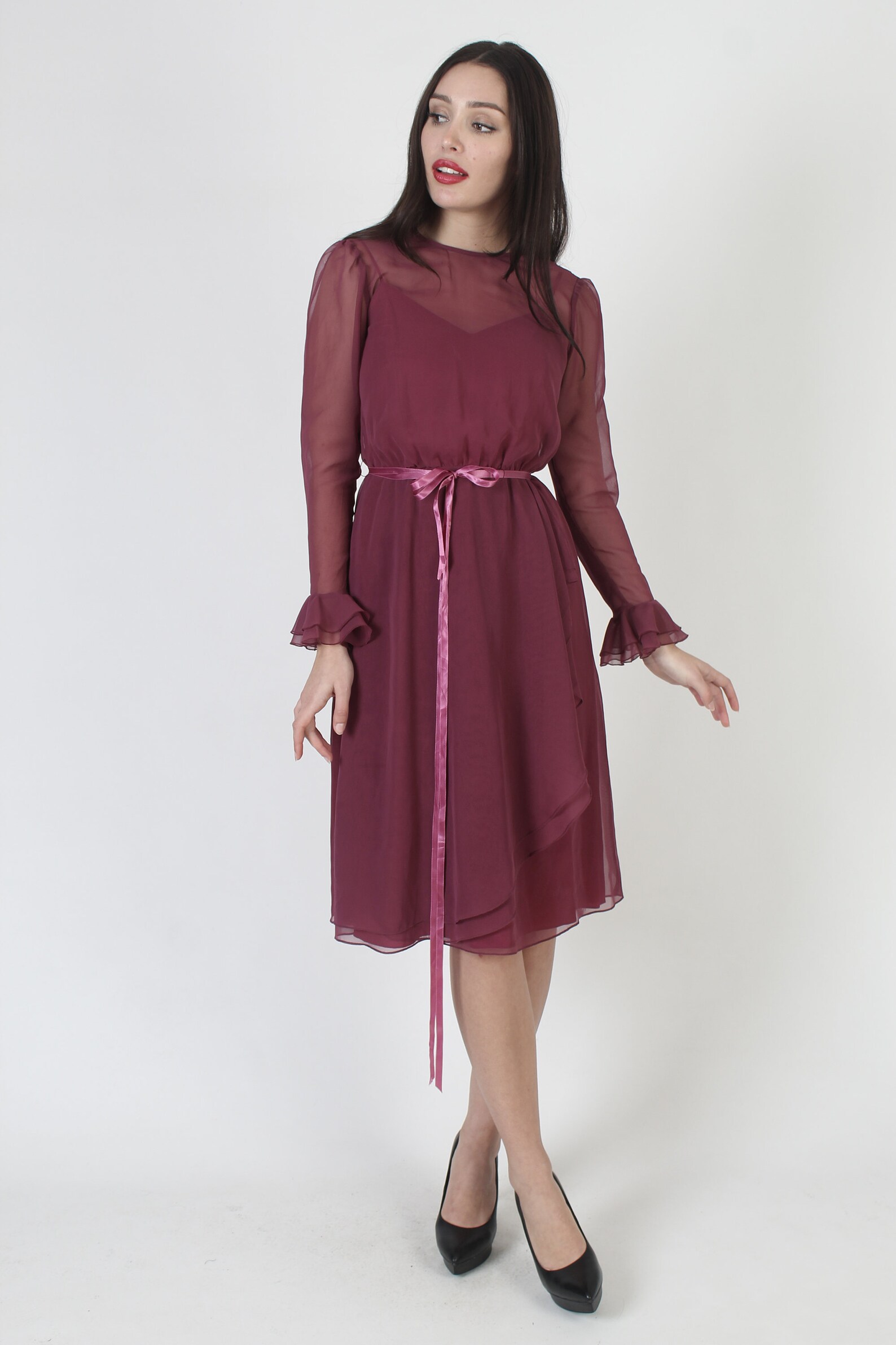 Sheer Burgundy Chiffon Dress, Maroon Cocktail Outfit, Layered Disco ...