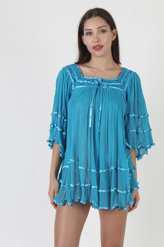 Turquoise Cotton Gauze Micro Mini Dress / Teal Mexica… - Gem