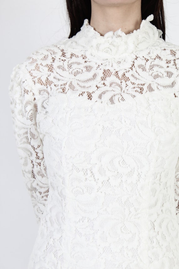 80s Glamorous Sheer White Formfitting Lace Mini Weddi… Gem