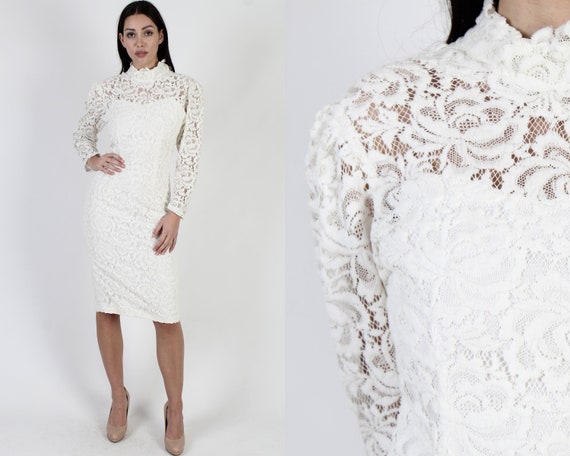 80s Glamorous Sheer White Formfitting Lace Mini Weddi… - Gem