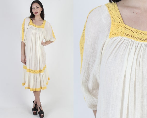 White Thin Gauze Mexican Dress Sheer Cotton Crochet B… - Gem