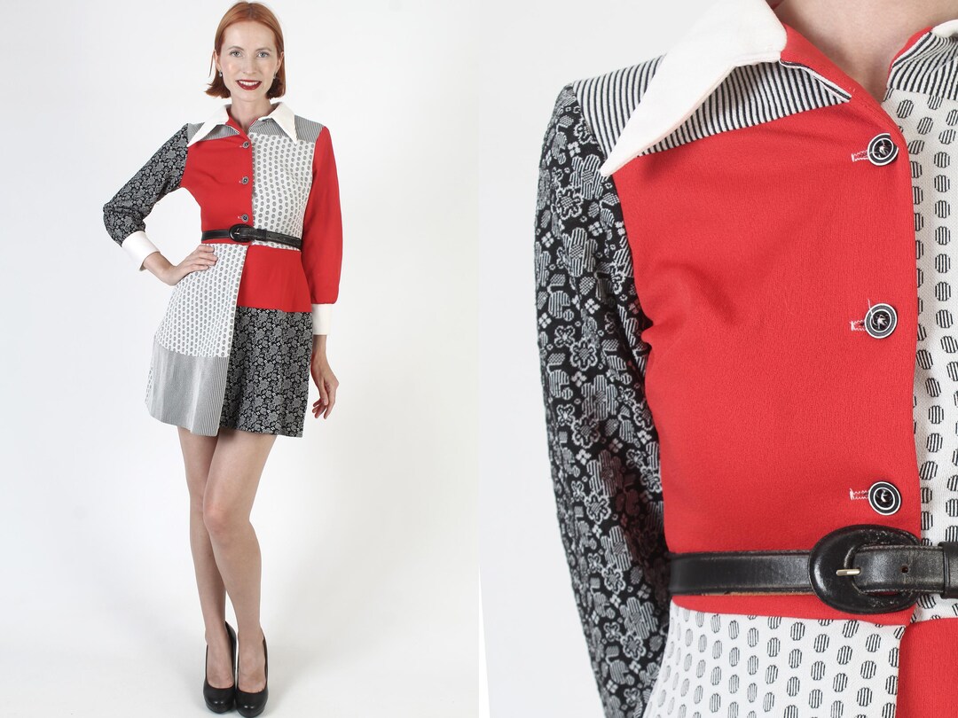 Dagger Butterfly Collar Dress, Vintage 70s Colorblock Micro Mini ...