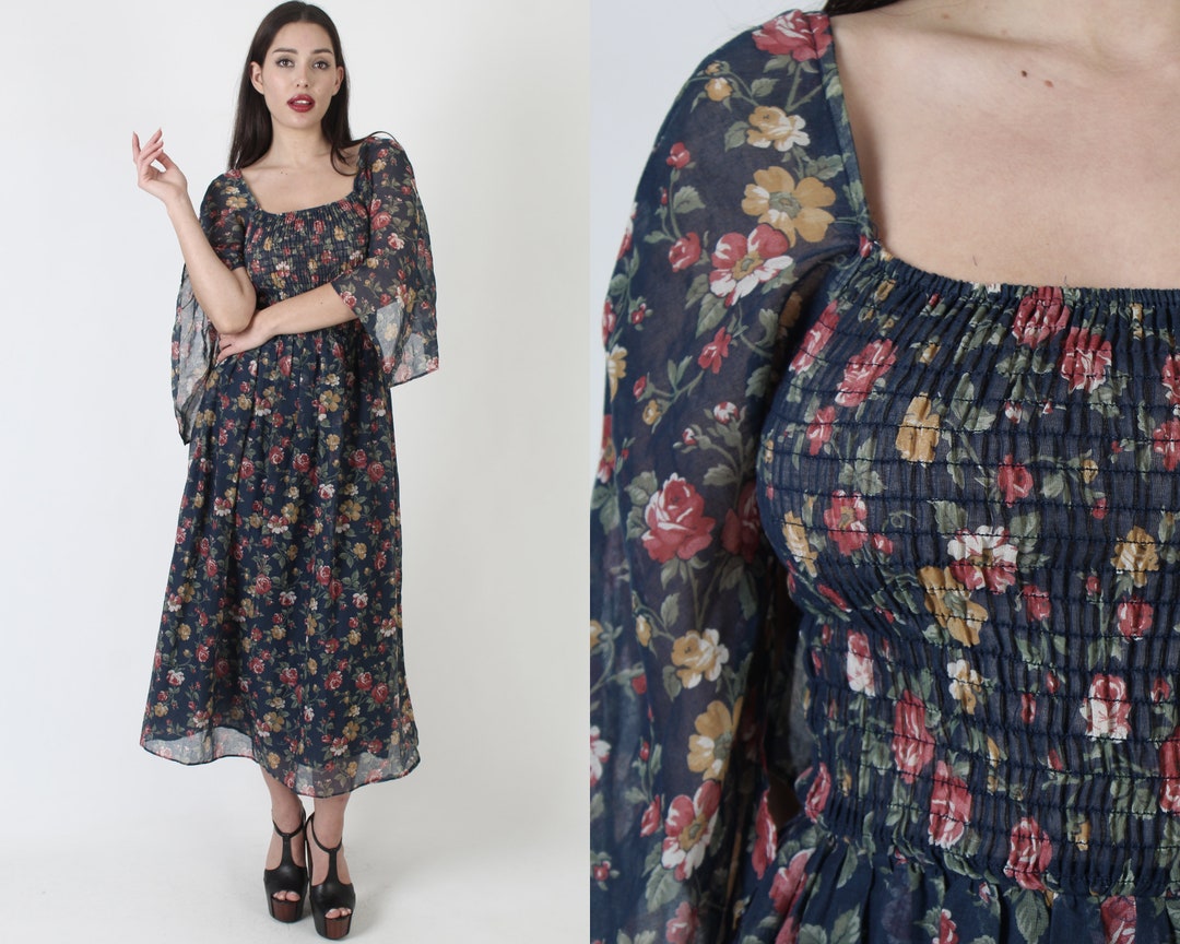 Calico Floral Smocked Maxi Dress, Tiny All Over Flower Power Print ...