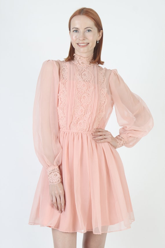 Peach Chiffon Mini Dress: 70s Victorian Style Bridesm… - Gem