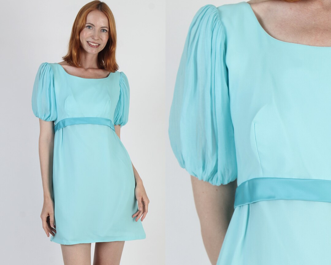 Monochrome Chiffon Puff Sleeve Micro Mini Dress, Teal Babydoll Scooter ...