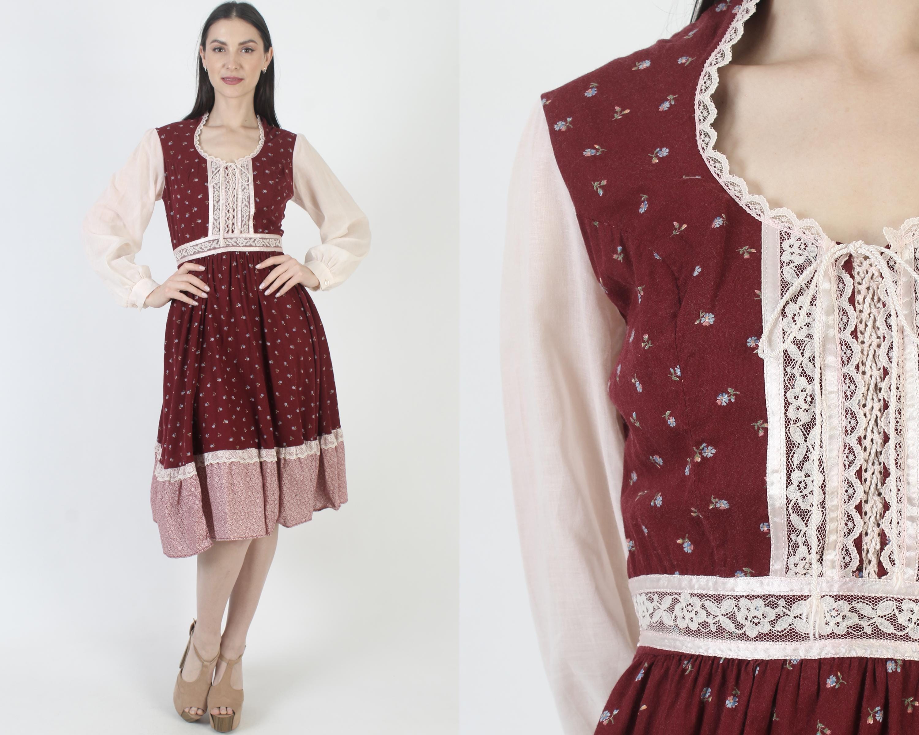 Bohemian Calico Floral Dress, White Sleeve Prairie Sundress, Vintage ...