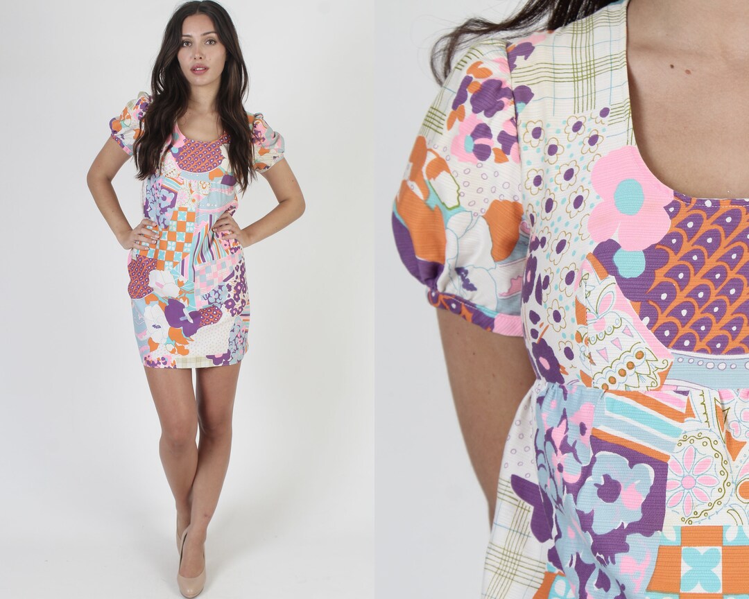 70s Colorful Neon Print Micro Mini Dress, Short Puff Sleeve Novelty ...