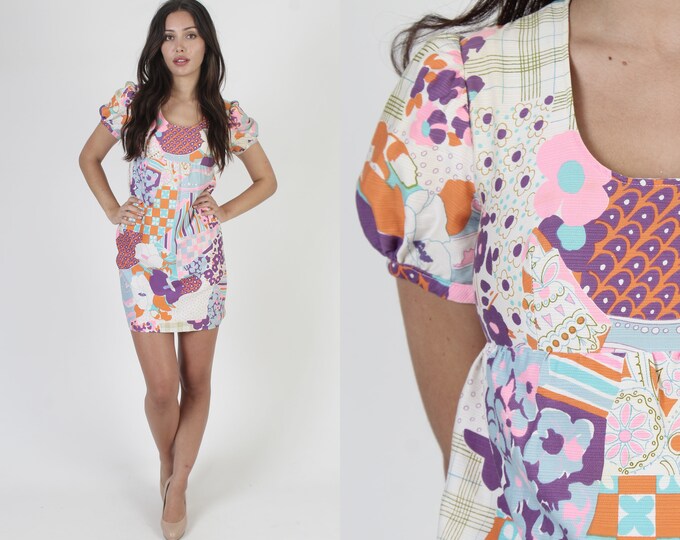 70s Colorful Neon Print Micro Mini Dress, Short Puff Sleeve Novelty ...