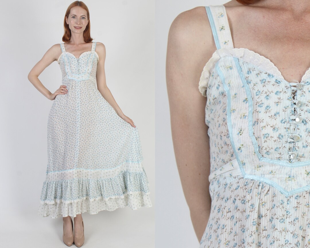 Seersucker 70s Calico Dress, Sweetheart Bodice Country Sundress ...