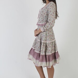 70s Bohemian Calico Floral Dress / Pastel Color Lace up Corset Tie ...