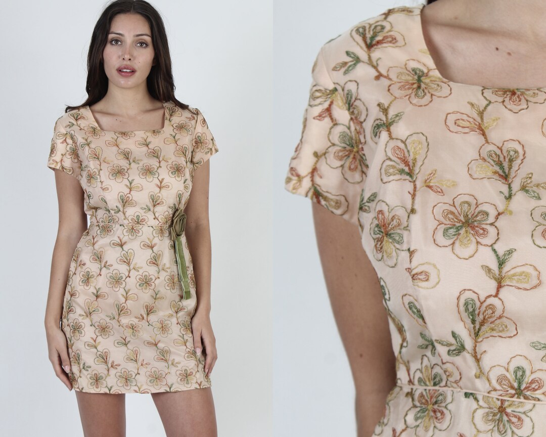 1950s Skin Tone Embroidered Floral Rockabilly Dress, Vintage Retro ...