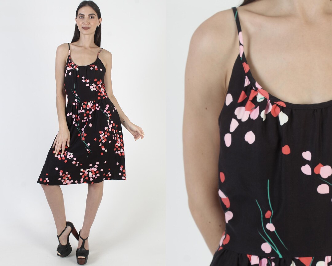 70s Malia Hawaiian Sundress: Black Tulip Floral Cotton Mini Dress - Etsy