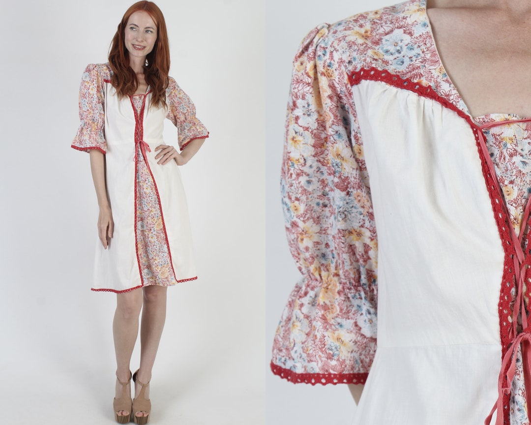 70s Calico Floral Dress: Vintage Bohemian Corset Tie Sundress - Etsy