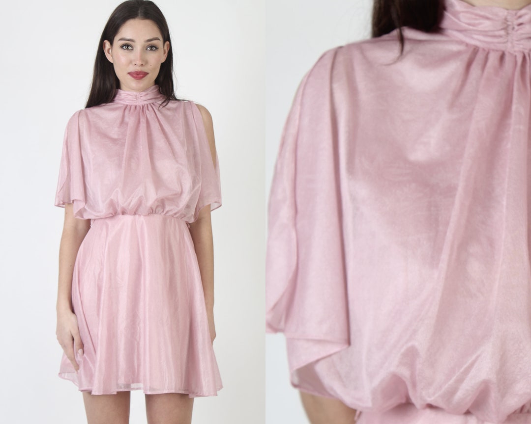 70s Disco Dance Short Dress, Silky Mauve Color Split Sleeves ...