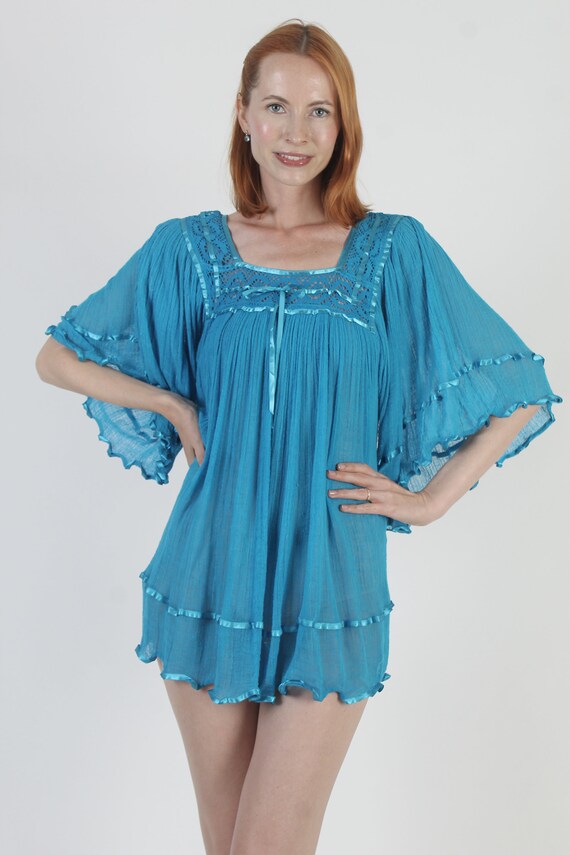 Turquoise Cotton Gauze Micro Mini Dress Teal Mexican … - Gem