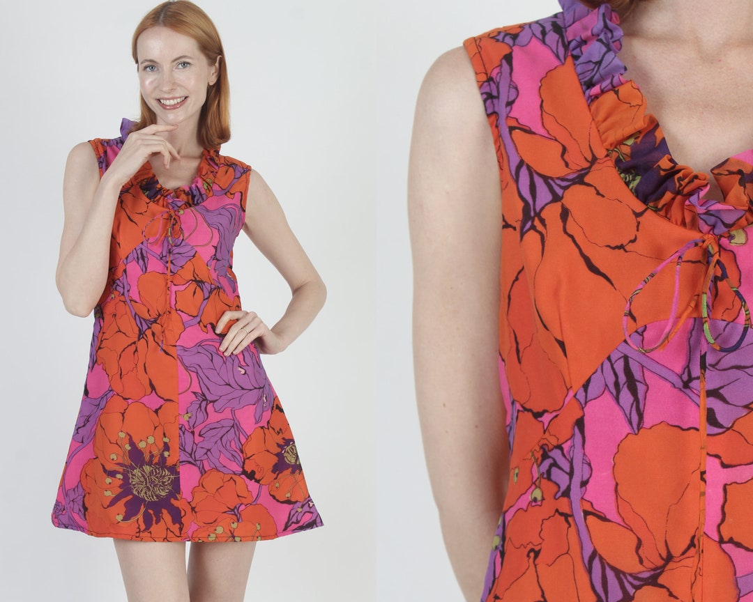 60s Psychedelic Scooter Mini Dress, Neon Abstract Op Art Material ...