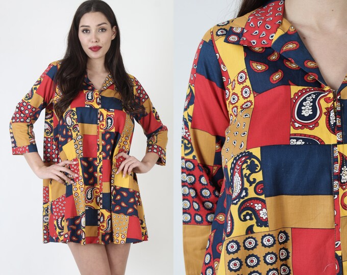 Loose Fitting 60s Patchwork Mini Dress, Vintage Oversized Zip Front ...