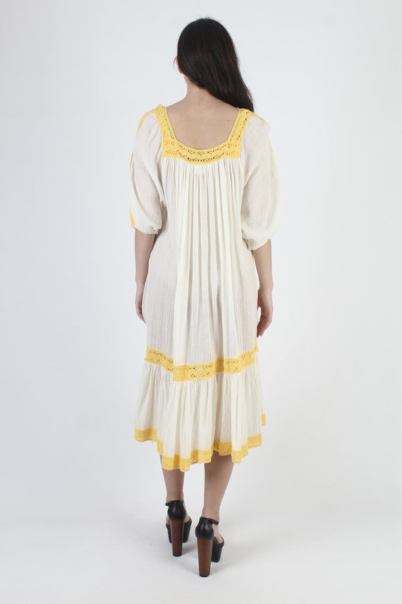 White Thin Gauze Mexican Dress Sheer Cotton Crochet B… - Gem