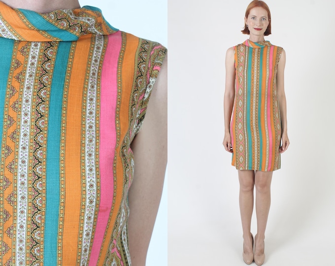 60s Neon Psychedelic Print Dress / Mod Striped Party Sundress / Trippy ...