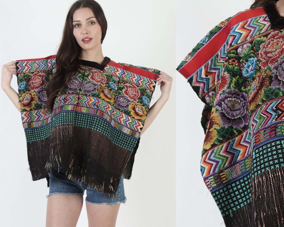 Embroidered Huipil Woven Poncho Ethnic Textile Draped Tunic Hand Stitched Mayan Caftan Top - Etsy