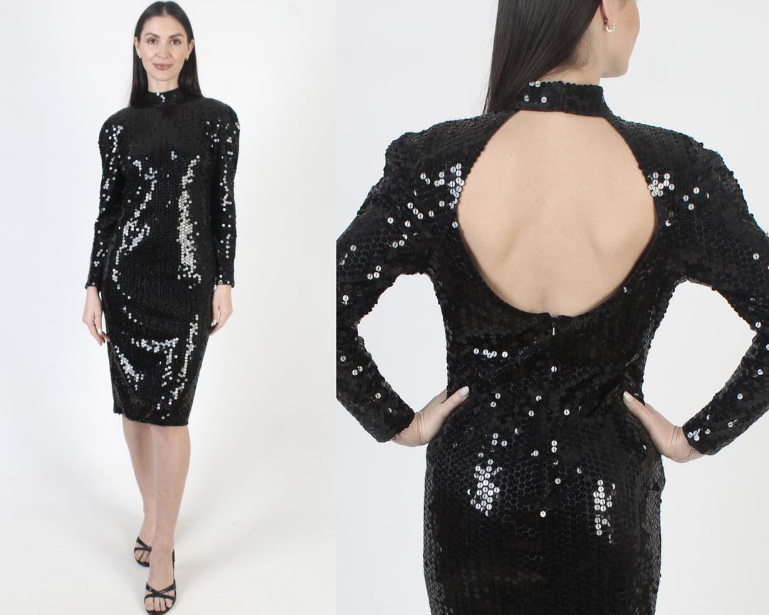 Oleg Cassini Dress, Open Back Black Sequin, Y2K Tight Bodycon, Womens Evening Prom - Etsy