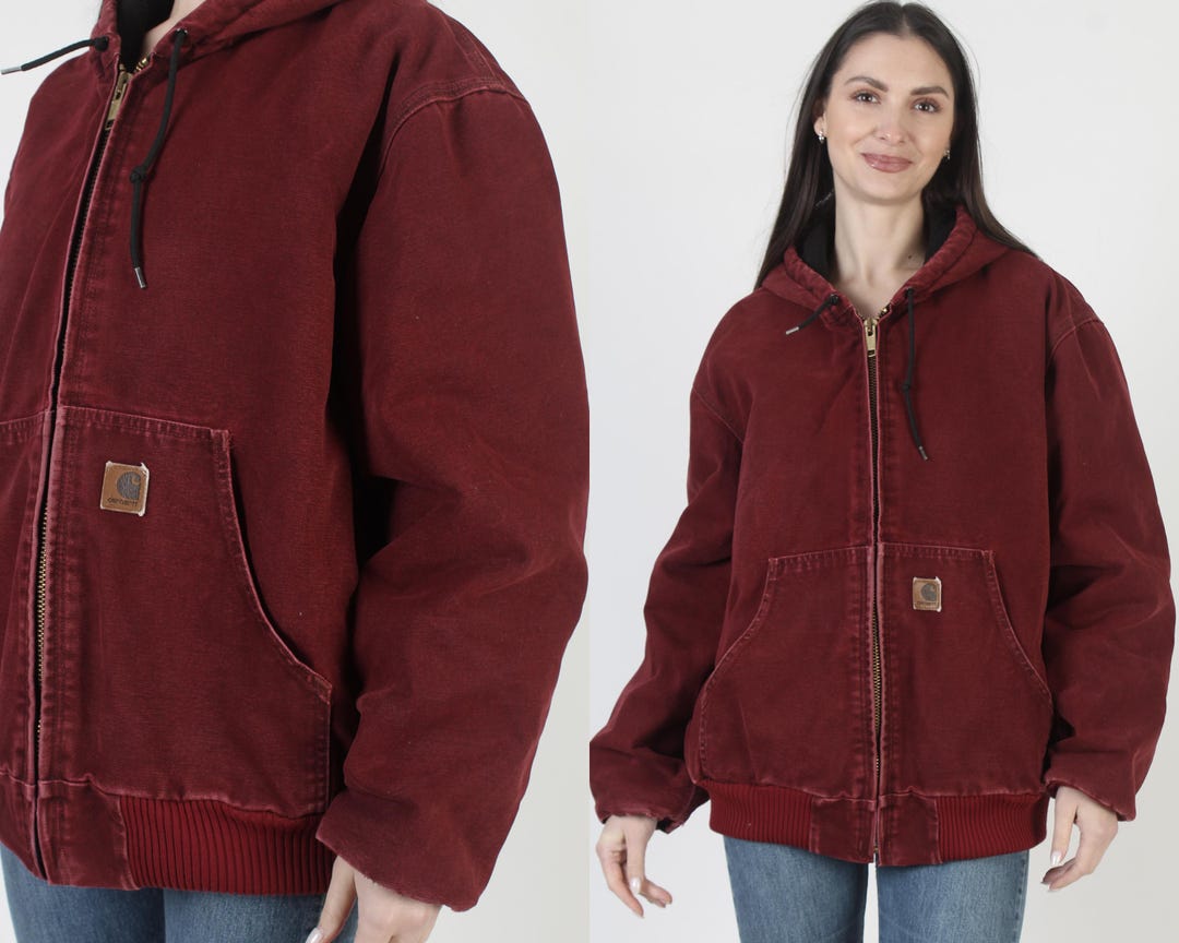 Vintage Carhartt Jacket, Hooded Work Wear Coat, J130 CRI Crimson Red ...