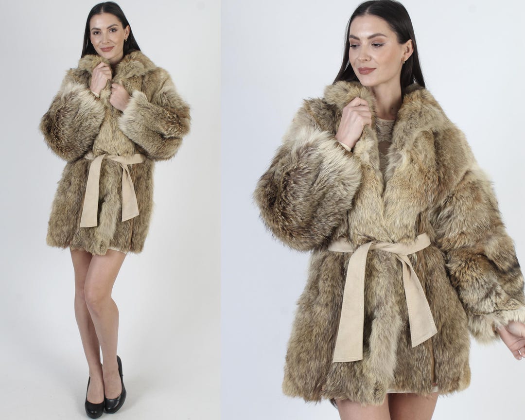 Natural Coyote Fur Jacket, Shaggy Mountain Man Coat, Vintage Belted ...