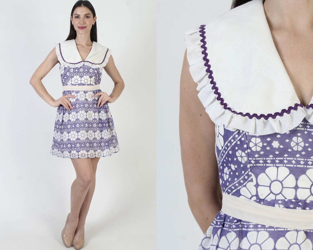 Sailor Collar Dress, Vintage Floral Print, 70s Purple Mini Sundress ...
